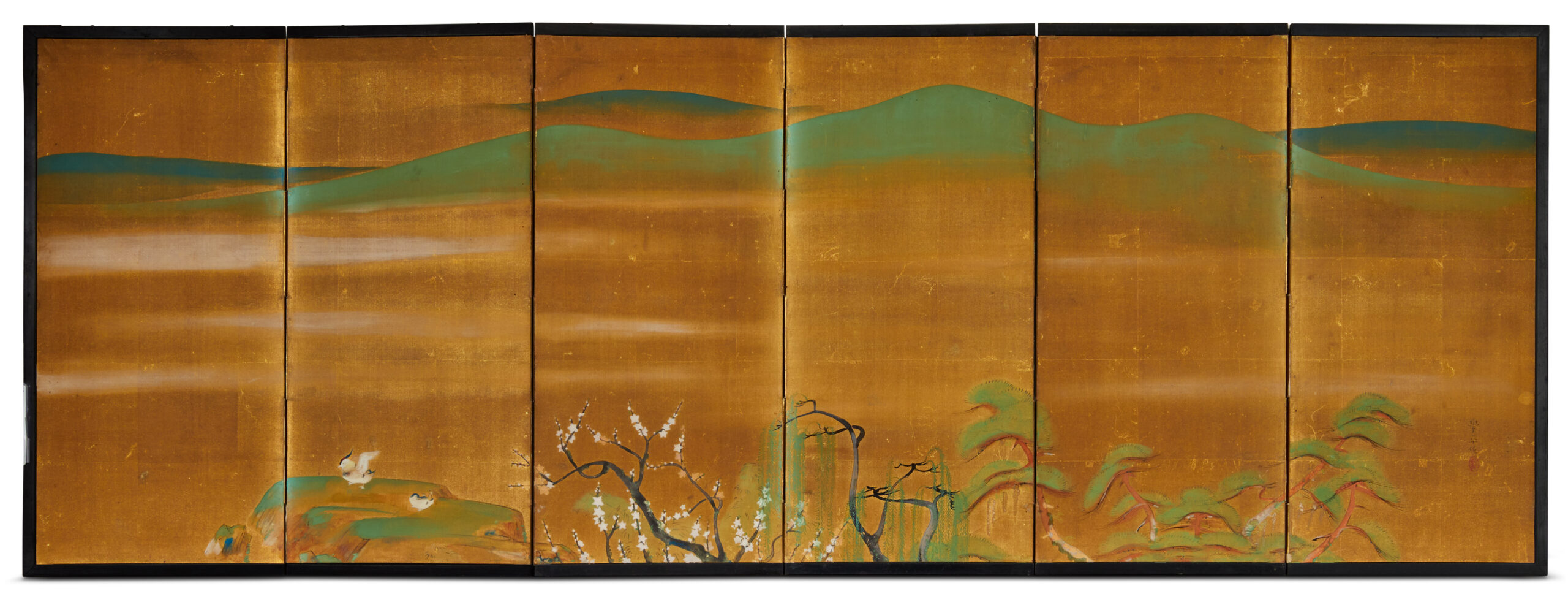 Japanese Six Panel Screen: Plum, Willow and Pine on Silk - Naga Antiques