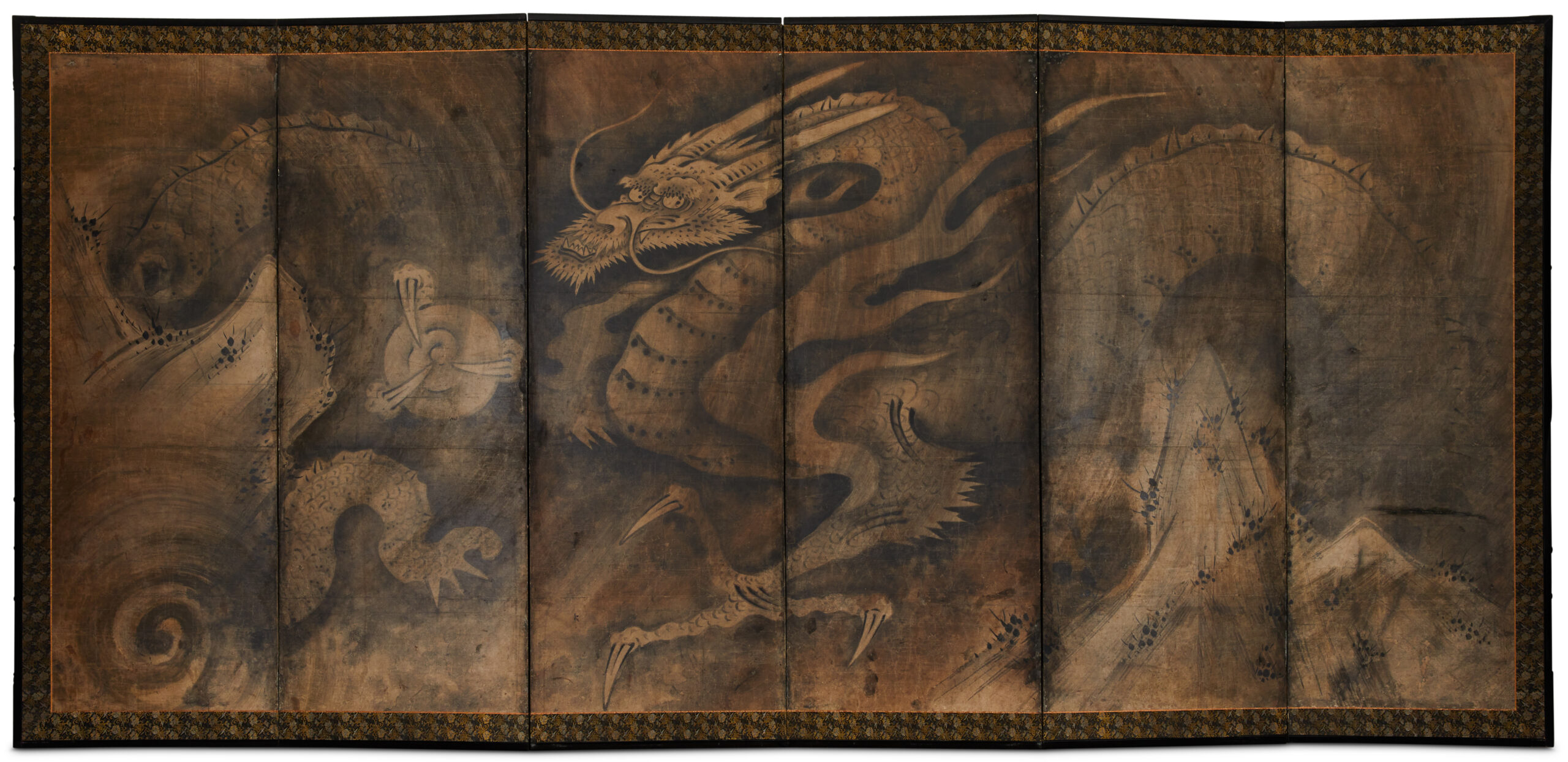 Japanese Six Panel Screen: Dragon in the Mist - Naga Antiques