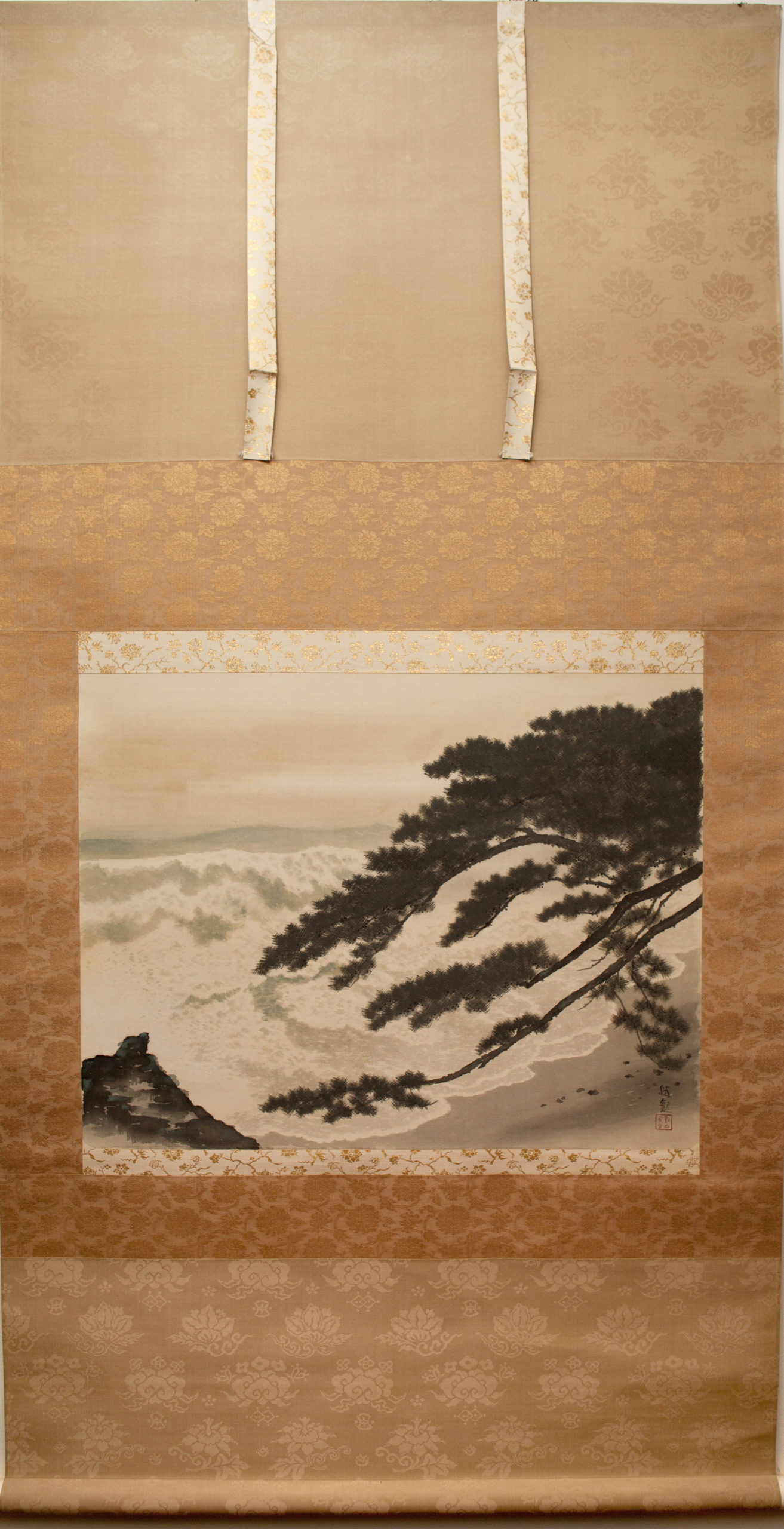 19th Century Japanese Scroll: Ocean Wave and Pine Tree - Naga Antiques