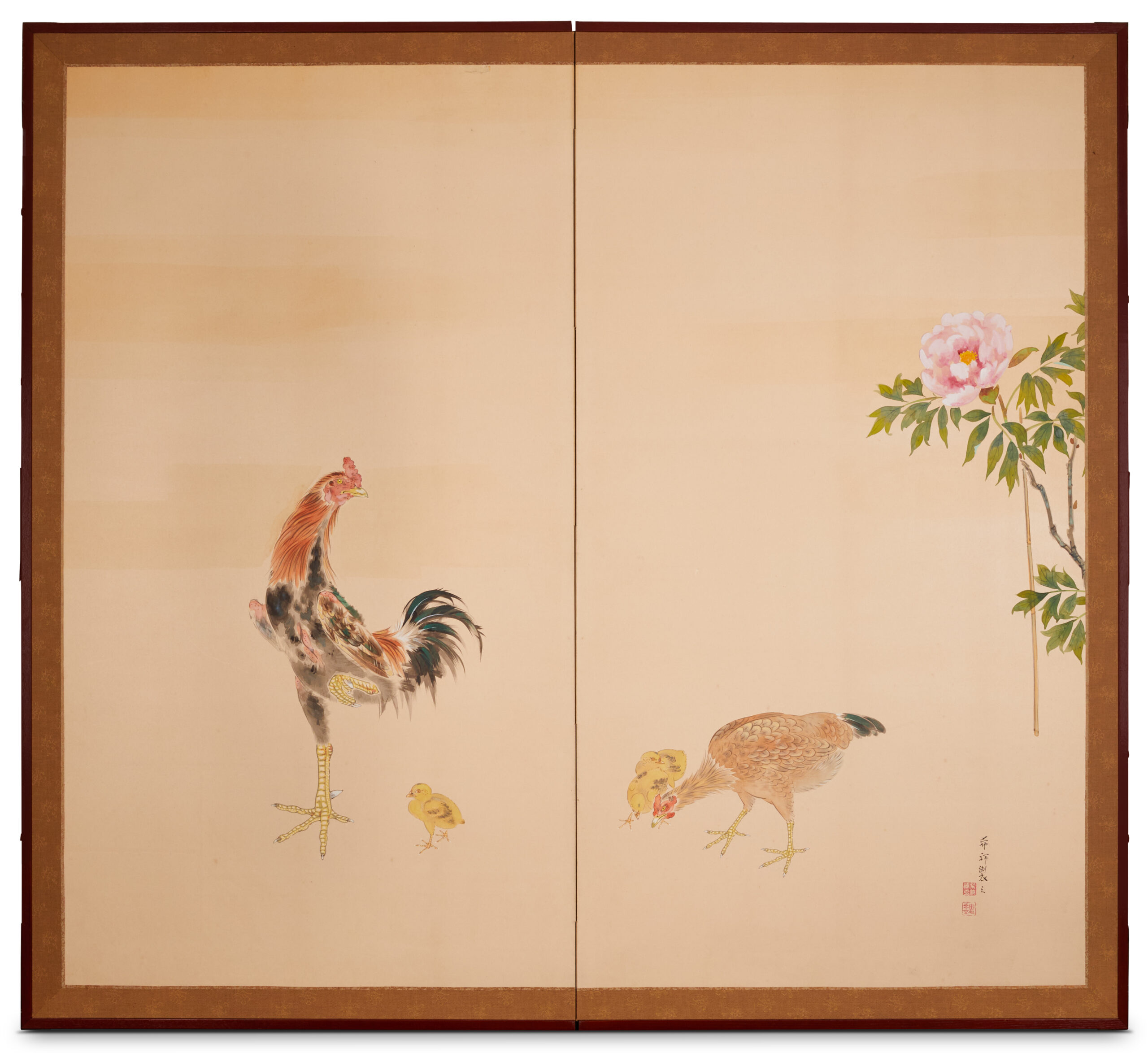 Japanese Two Panel Screen: Rooster, Hen, and Chicks - Naga Antiques