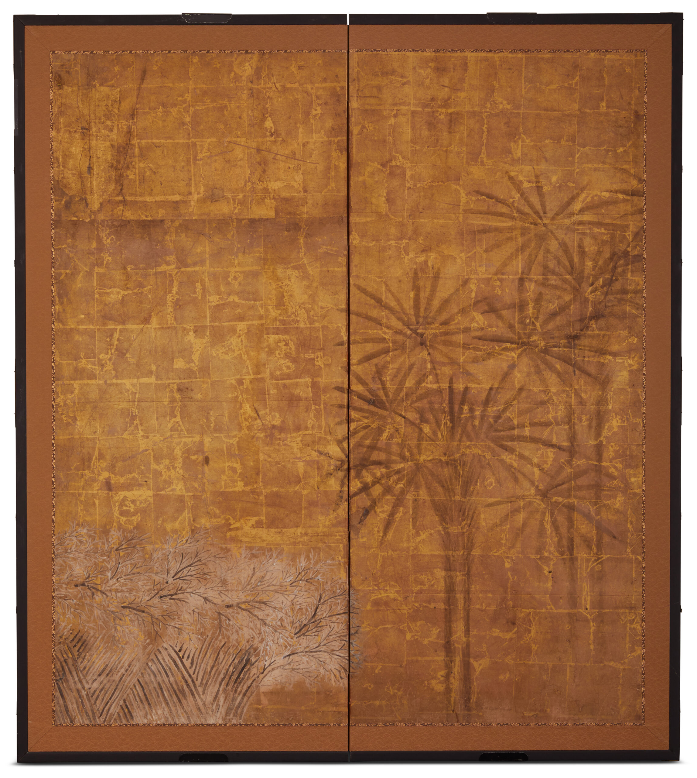 Japanese Two Panel Screen: Papyrus on Gold with Twig Fence - Naga Antiques