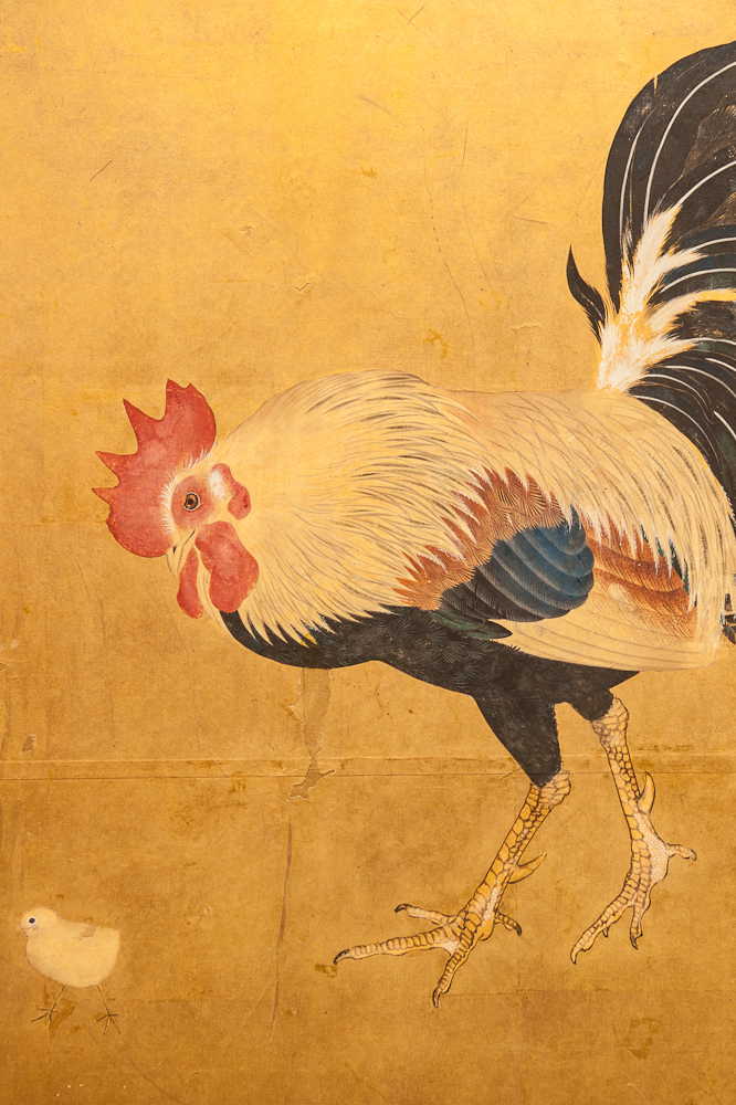 Japanese Four Panel Screen: Family of Chickens - Naga Antiques