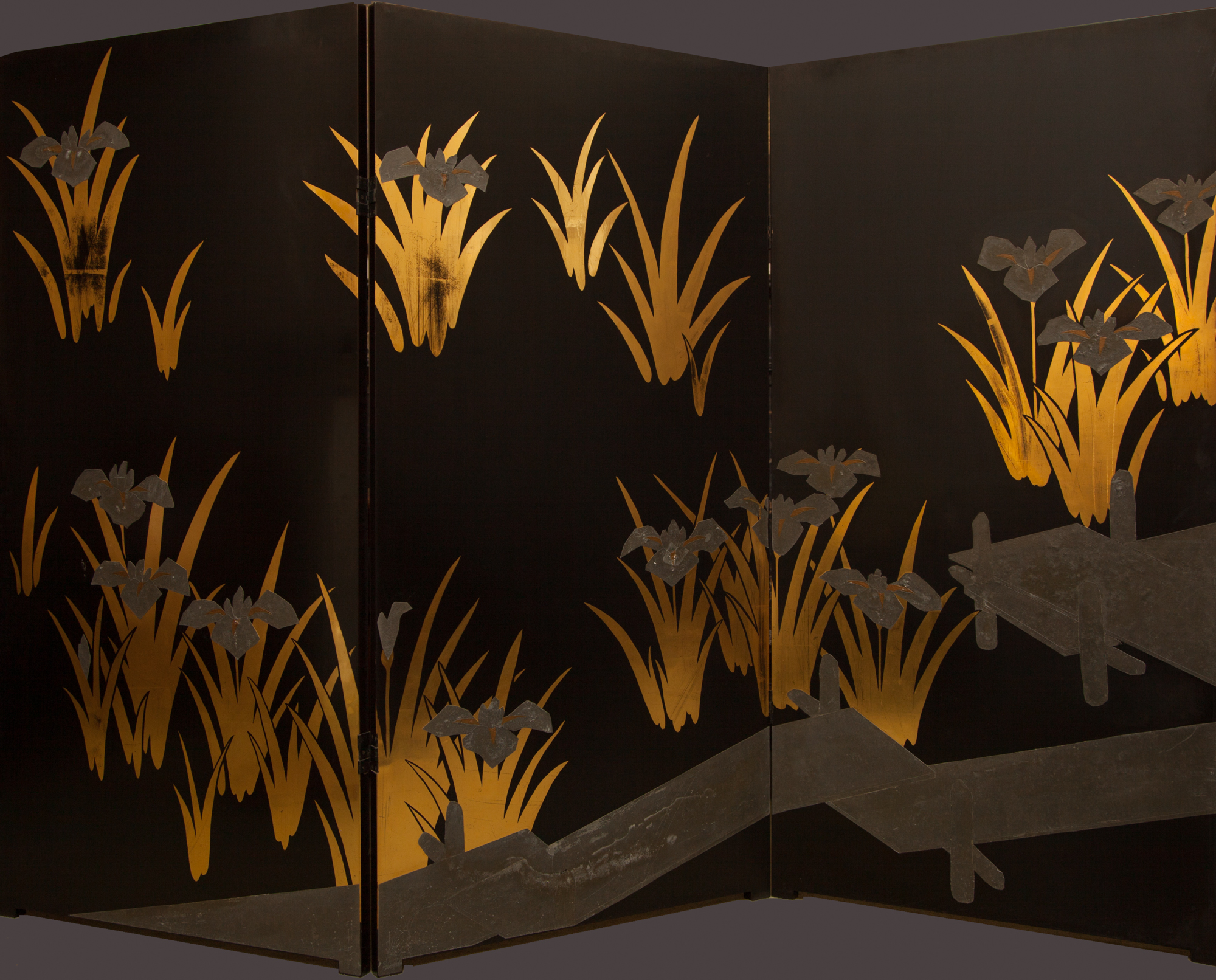Japanese Black Lacquer Screen: Korin Subject of Footbridge Over Irises ...