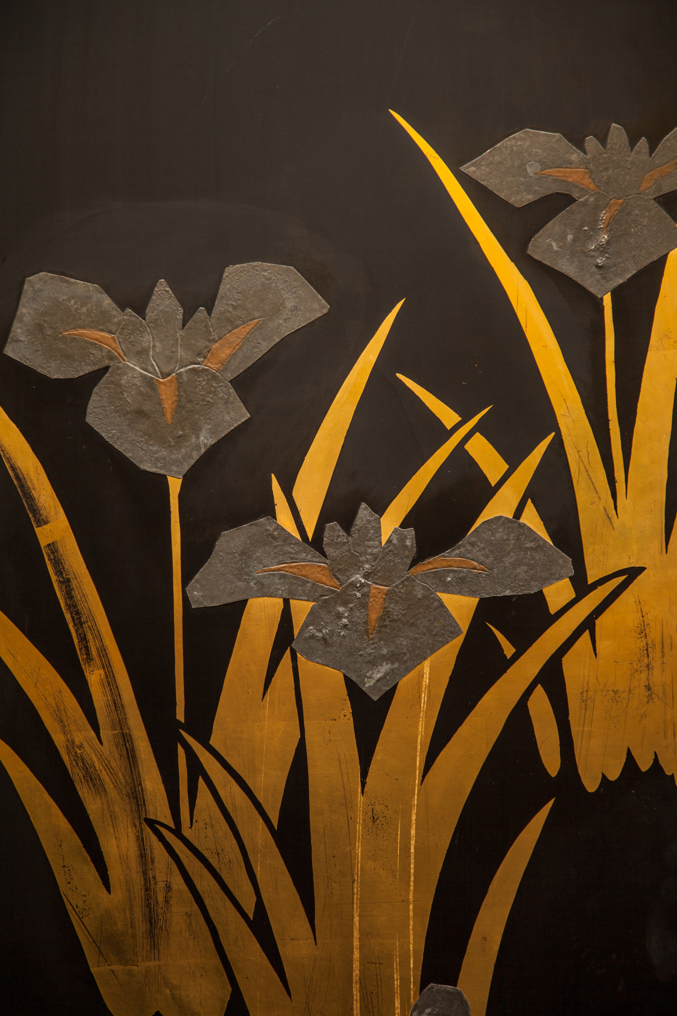 Japanese Black Lacquer Screen: Korin Subject of Footbridge Over Irises ...