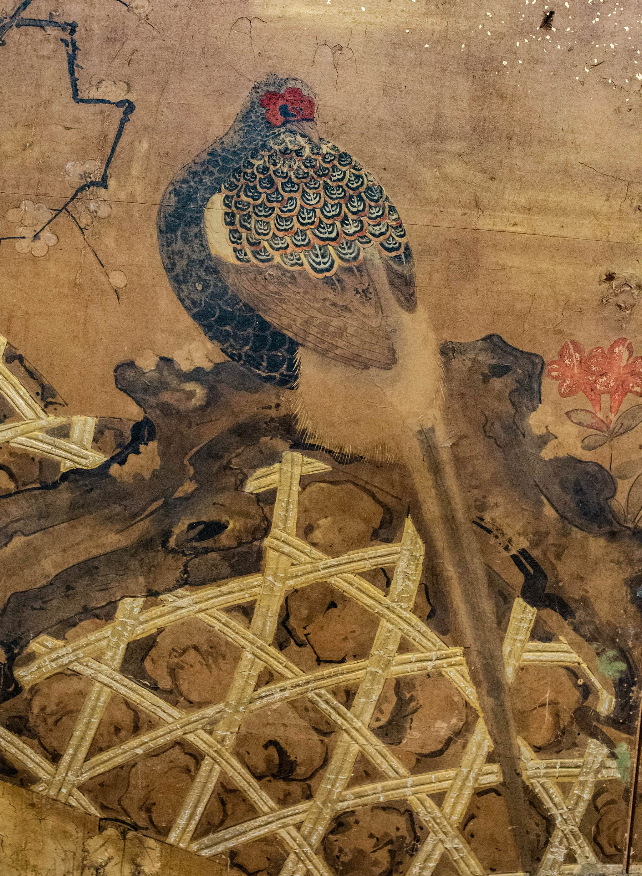 Japanese Four Panel Screen: Rimpa Painting of Pheasant on Old Plum in ...