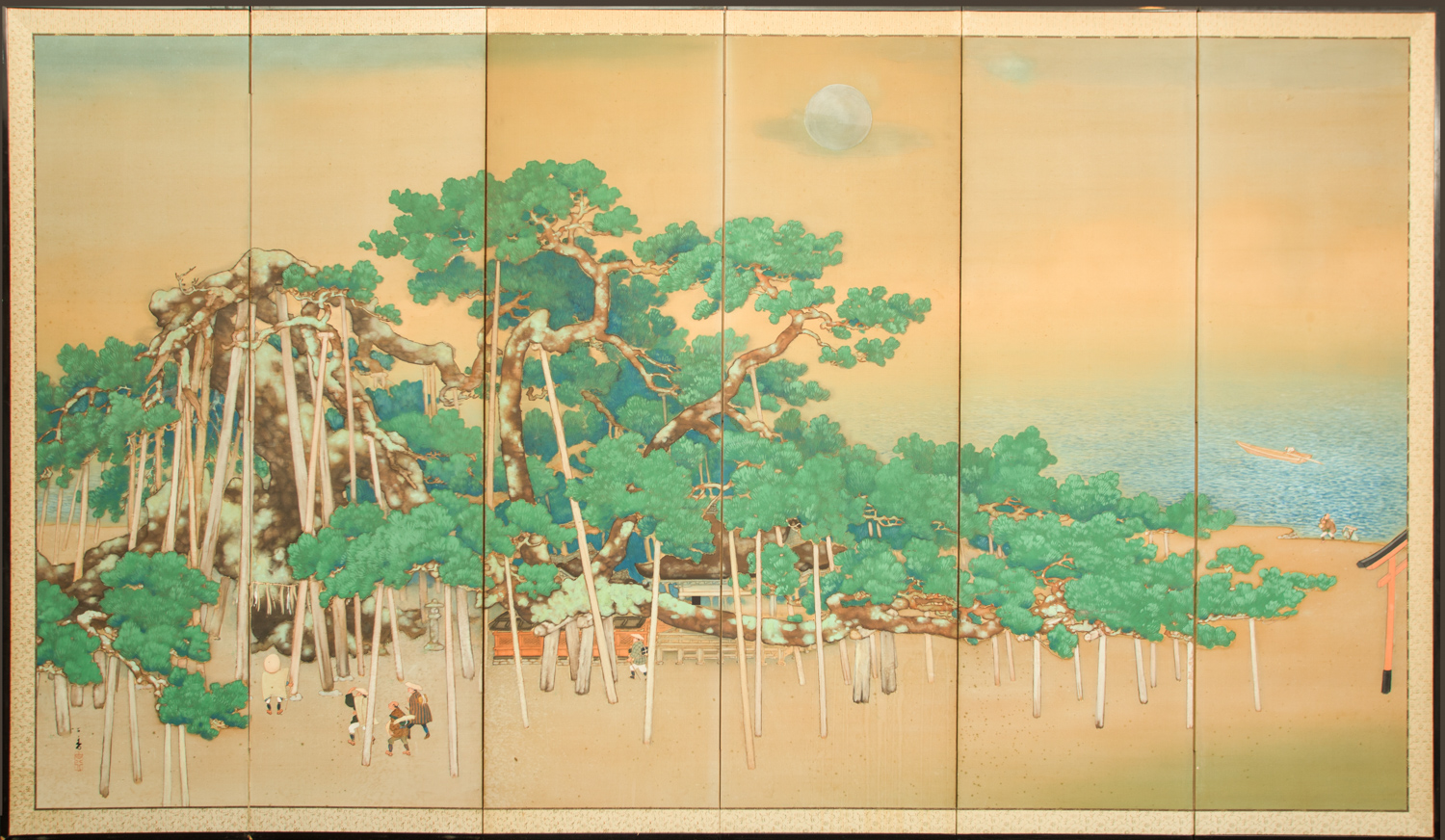 Japanese Six Panel Screen: Ancient Pines On the Shore Under Silver Moon ...