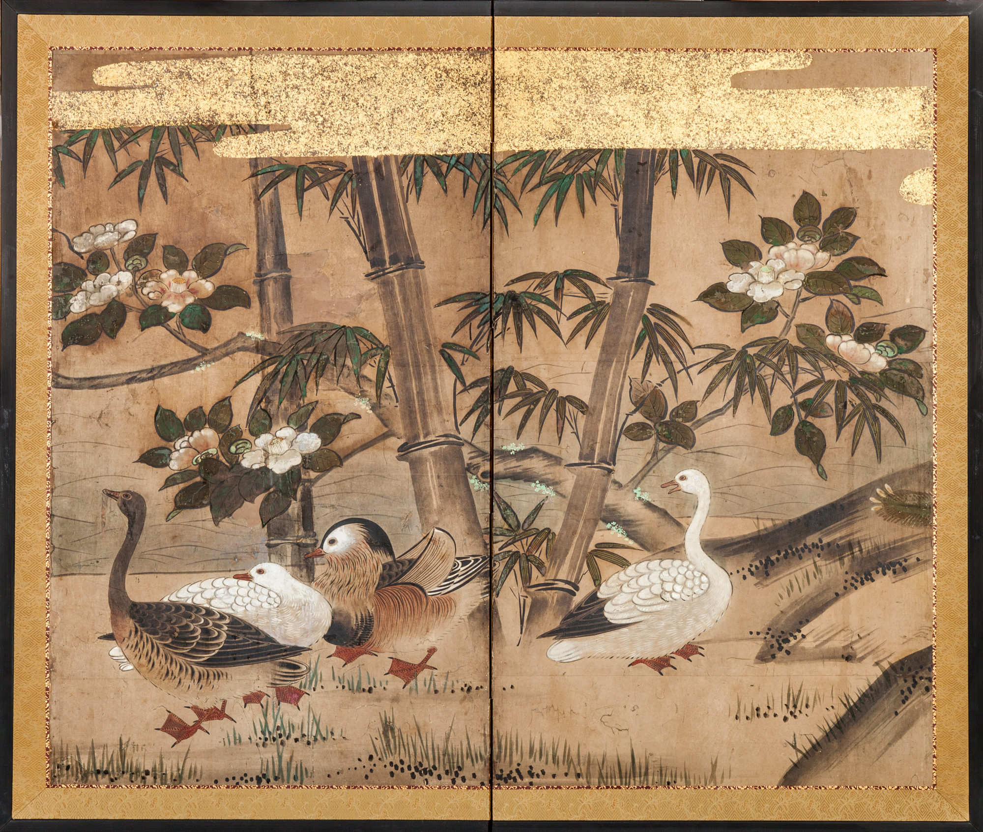 Japanese Two Panel Screen: Mandarin Ducks and Geese Among Bamboo and ...