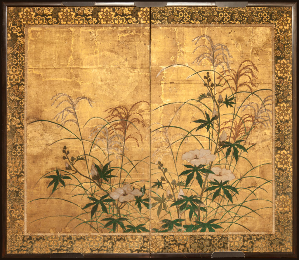 Japanese Two Panel Screen: Flowers and Grasses on Gold - Naga Antiques