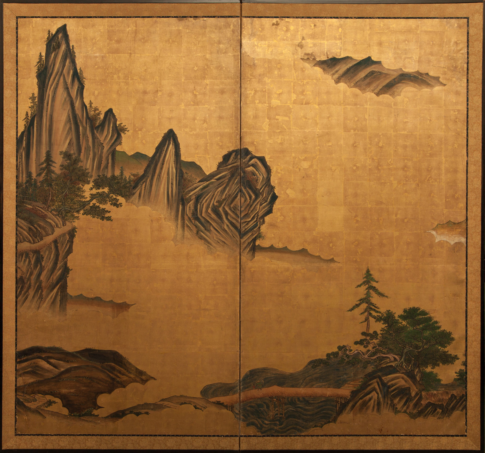 Japanese Two Panel Screen: Mountain Landscape With Cedar and Pine on ...