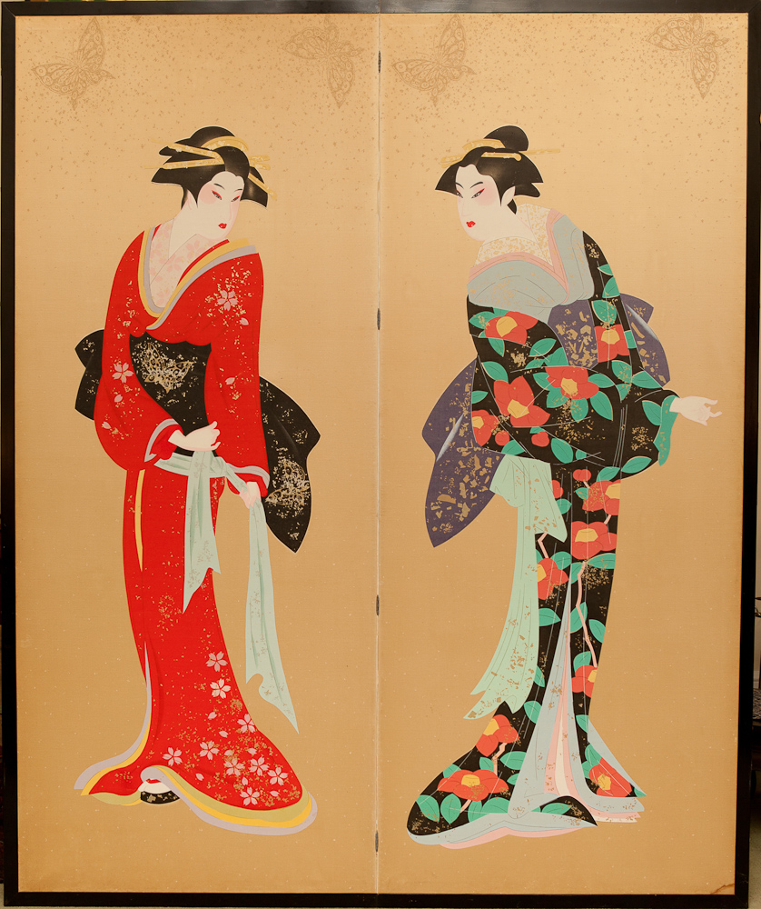 Japanese Two Panel Screen: Two Geishas with Gold Butterflies - Naga ...