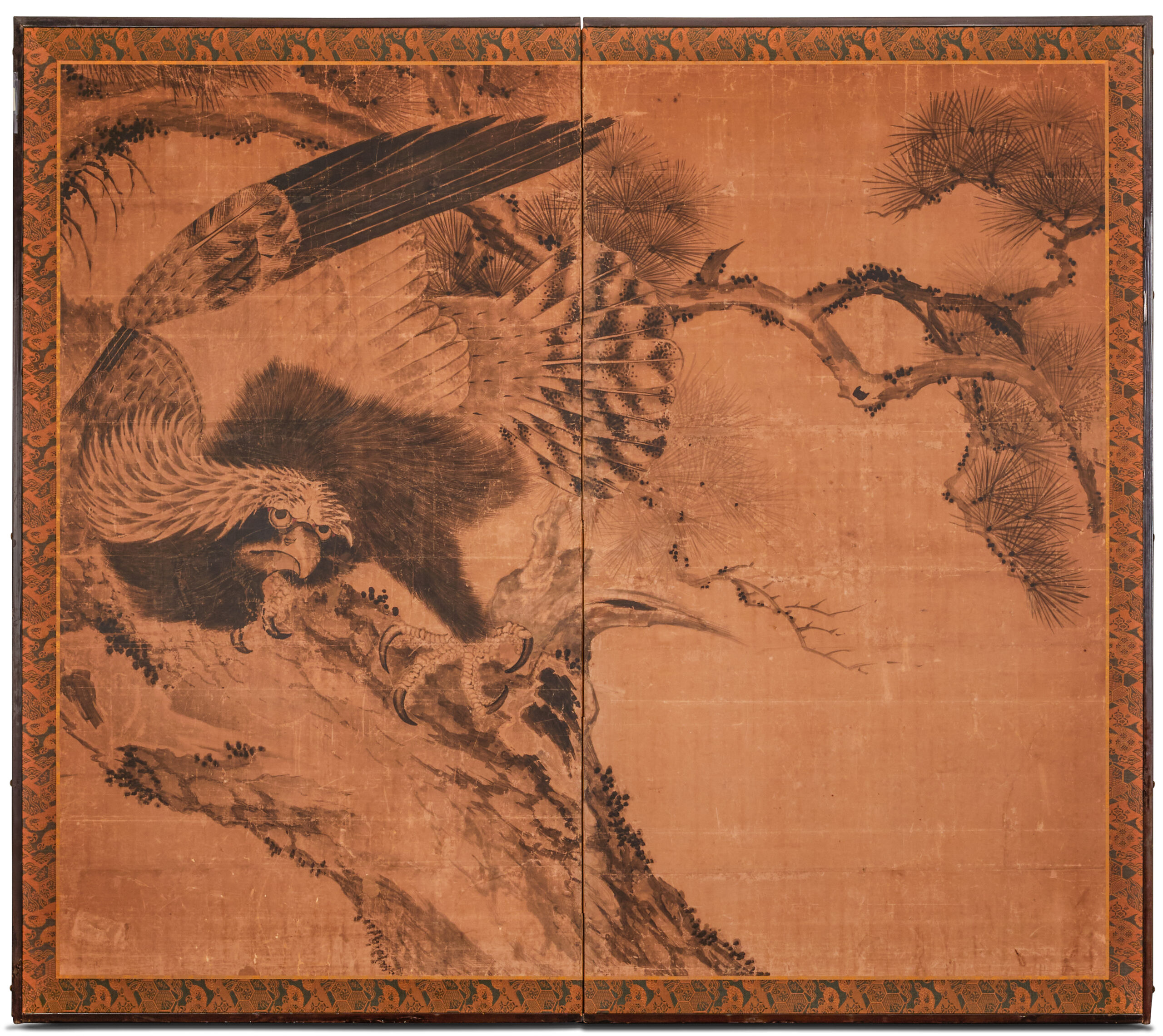 Japanese Two Panel Screen: Hawk Perched in Pine Tree - Naga Antiques