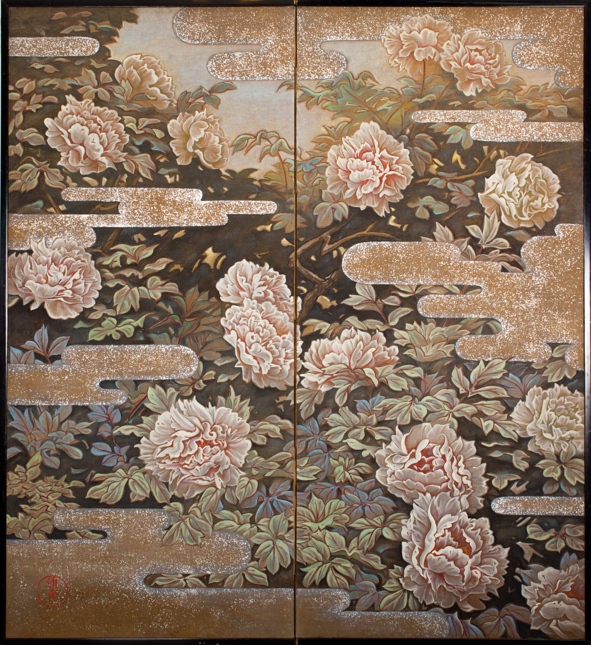 Japanese Two Panel Screen: Peonies In the Mist - Naga Antiques