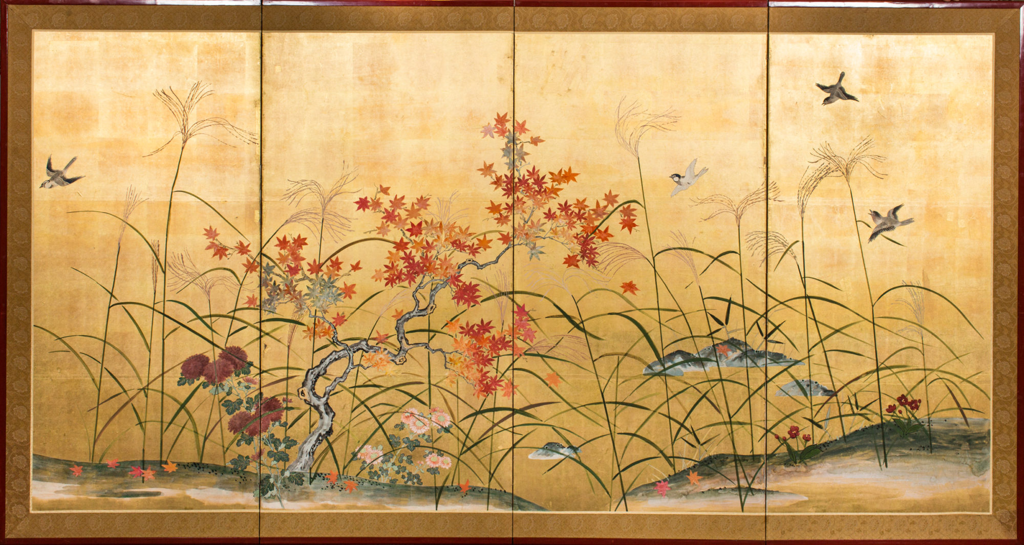 Japanese Four Panel Screen: Autumn Flowers - Naga Antiques
