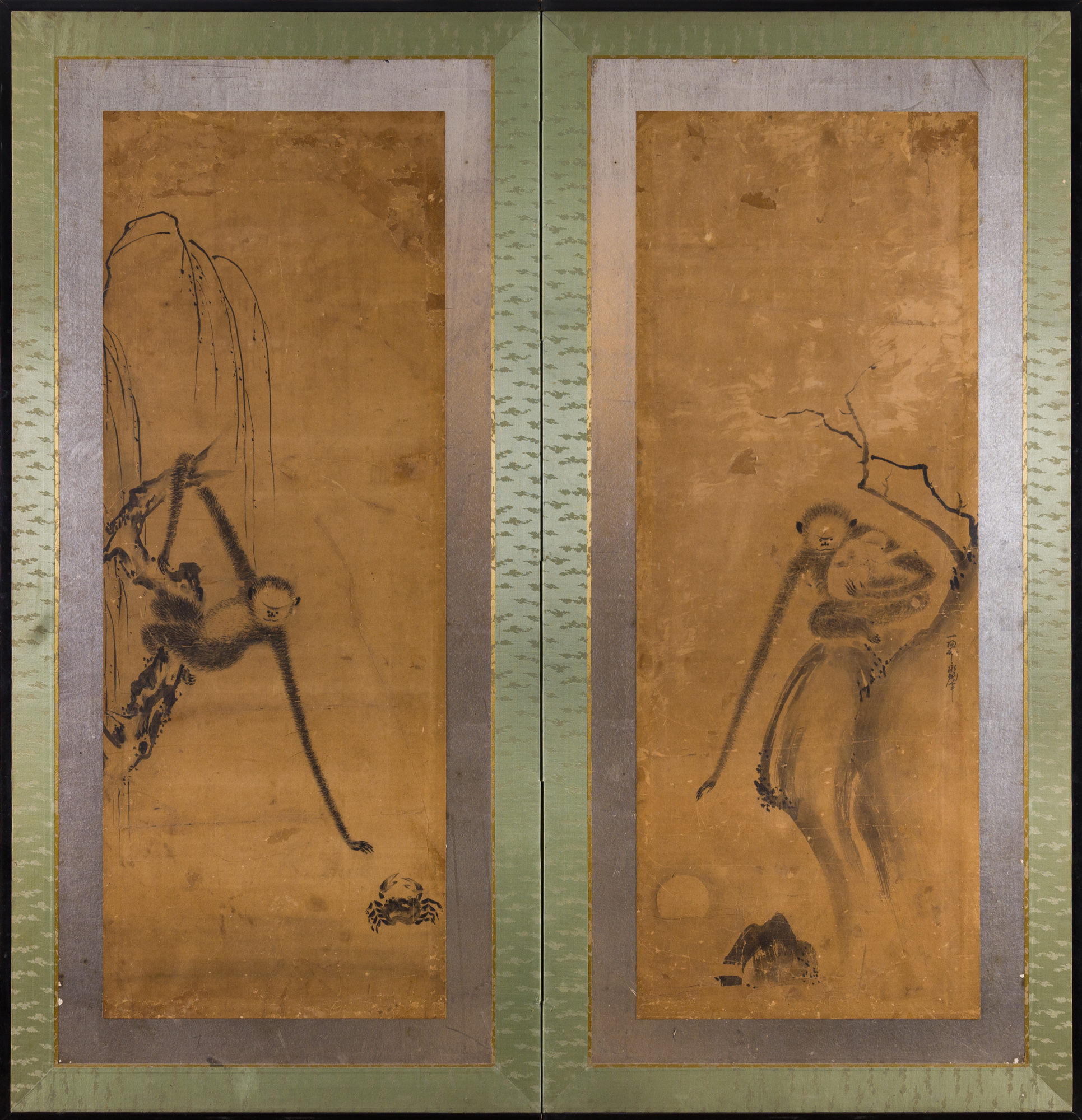 Japanese Two Panel Screen: Gibbons of Folklore - Naga Antiques