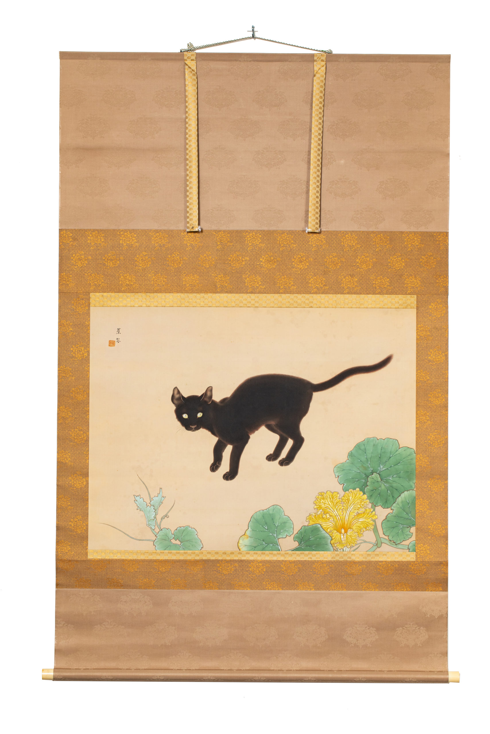 Japanese Scroll: Black Cat by Katsuta Shokin - Naga Antiques
