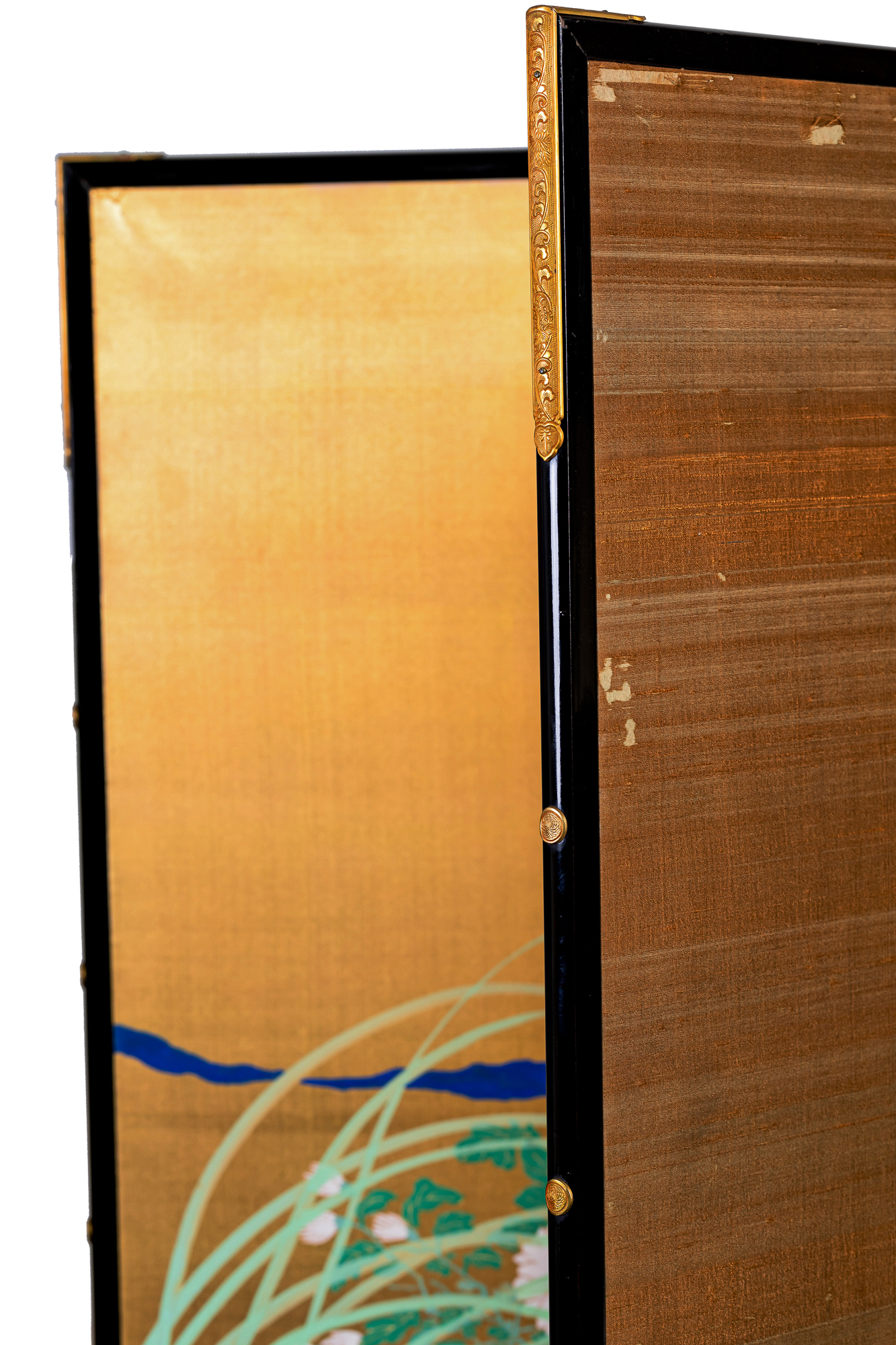 Japanese Two Panel Screen: Flowers by River's Edge - Naga Antiques