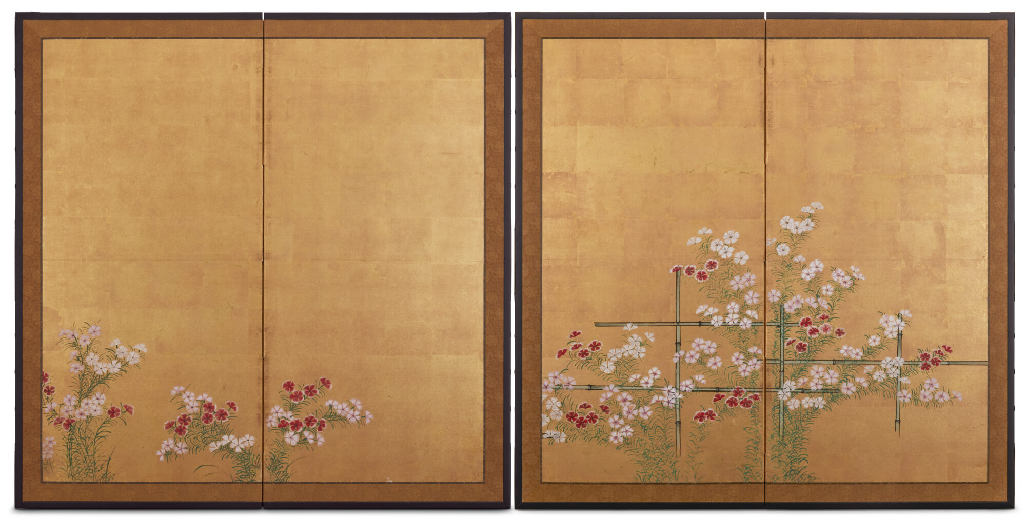 Pair of Japanese Two Panel Screens: Nadeshiko on Gold Leaf - Naga Antiques