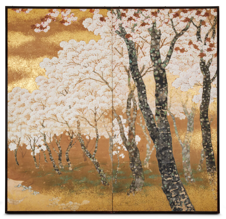 Japanese Two Panel Screen: Cherry Grove - Naga Antiques