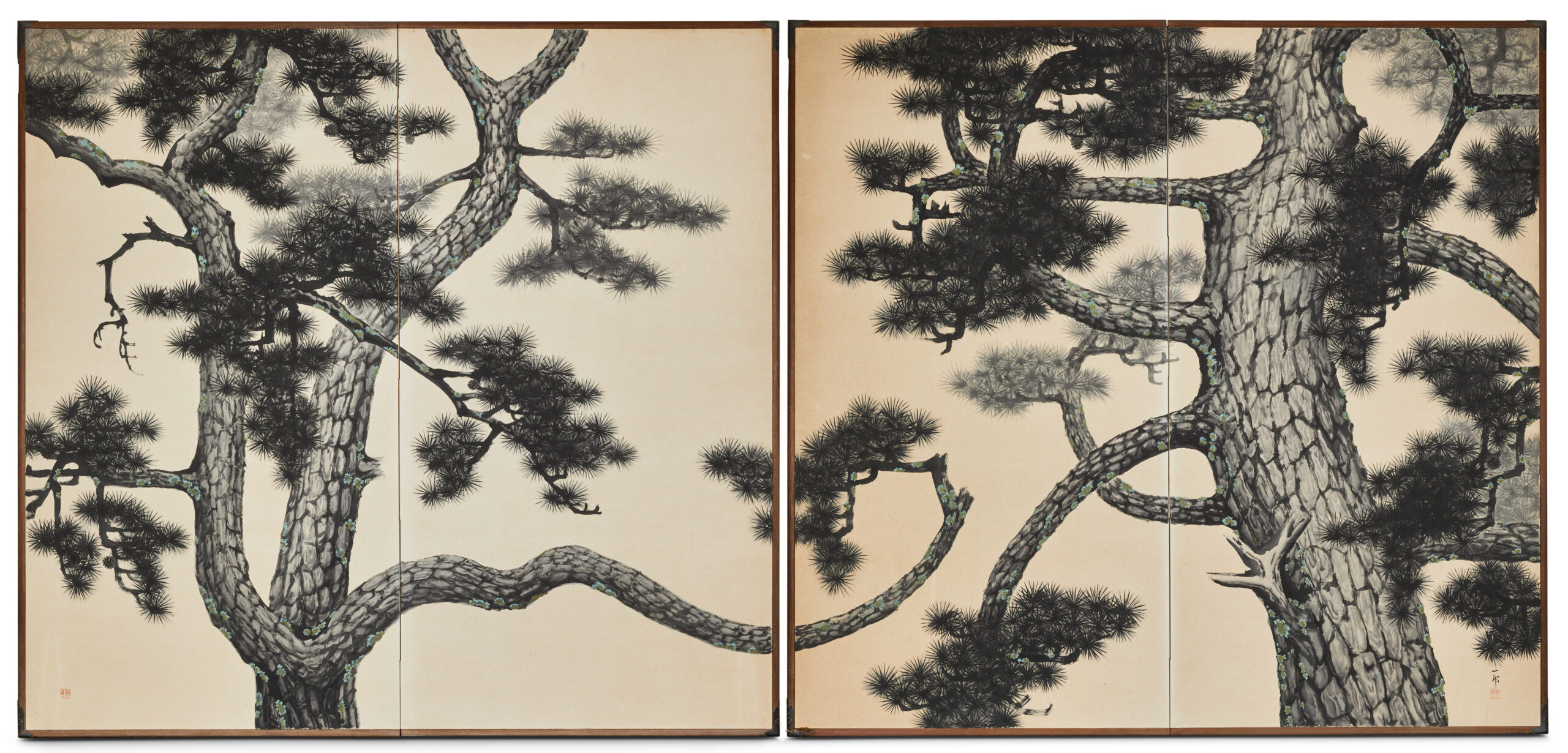 Pair of Japanese Two Panel Screens: Pine Forest - Naga Antiques