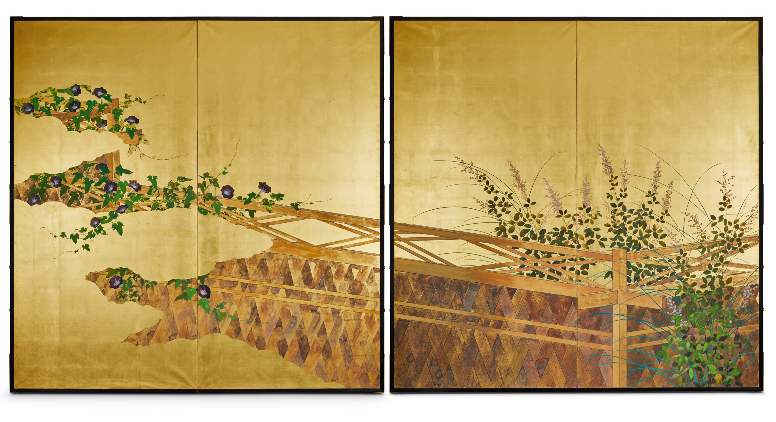 Pair of Japanese Two Panel Screens: Private Garden - Naga Antiques