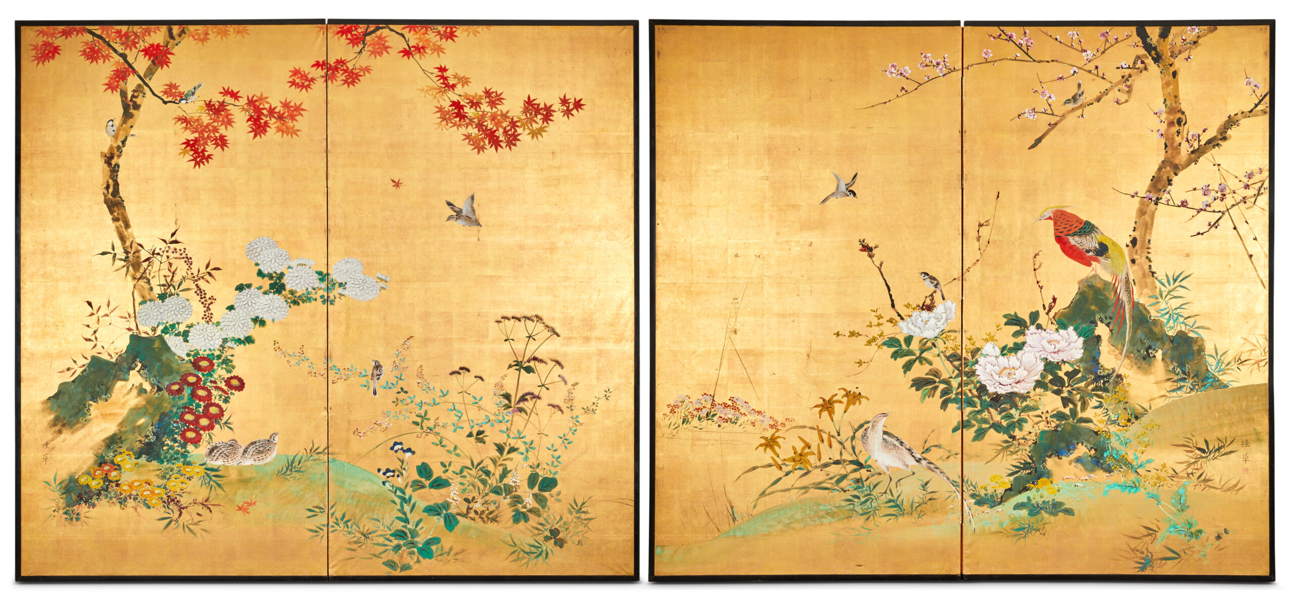 Pair of Japanese Two Panel Screens: Seasonal Landscape - Summer/ Autumn ...