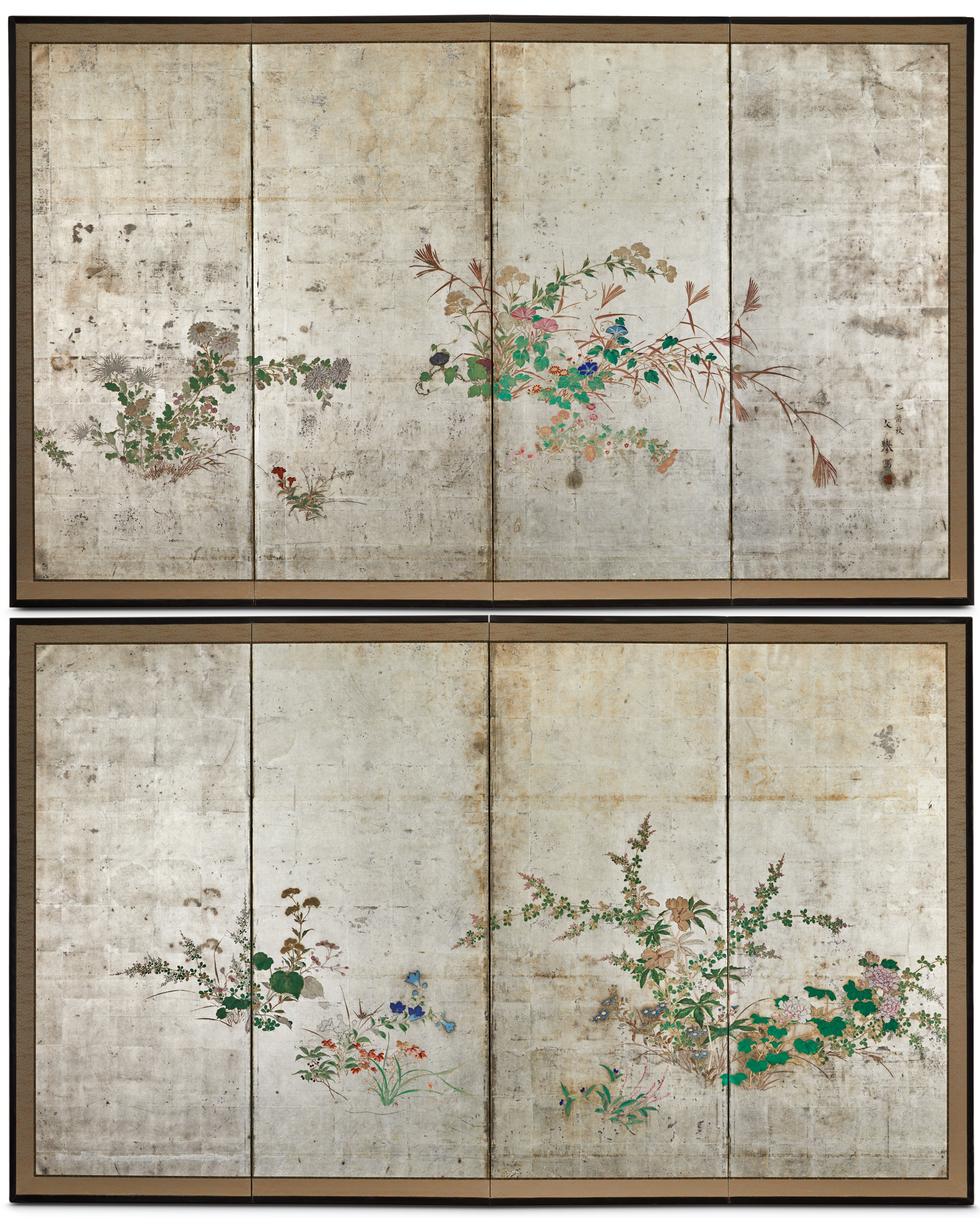 Pair of Japanese Four Panel Screens: Summer Flowers on Silver - Naga ...
