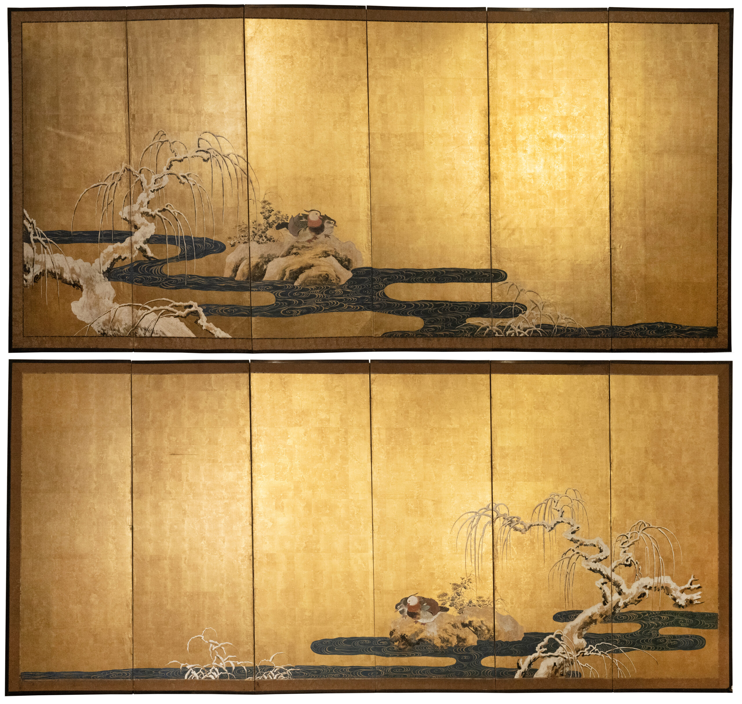 Pair of Six Panel Japanese Screens: Early Snow - Naga Antiques