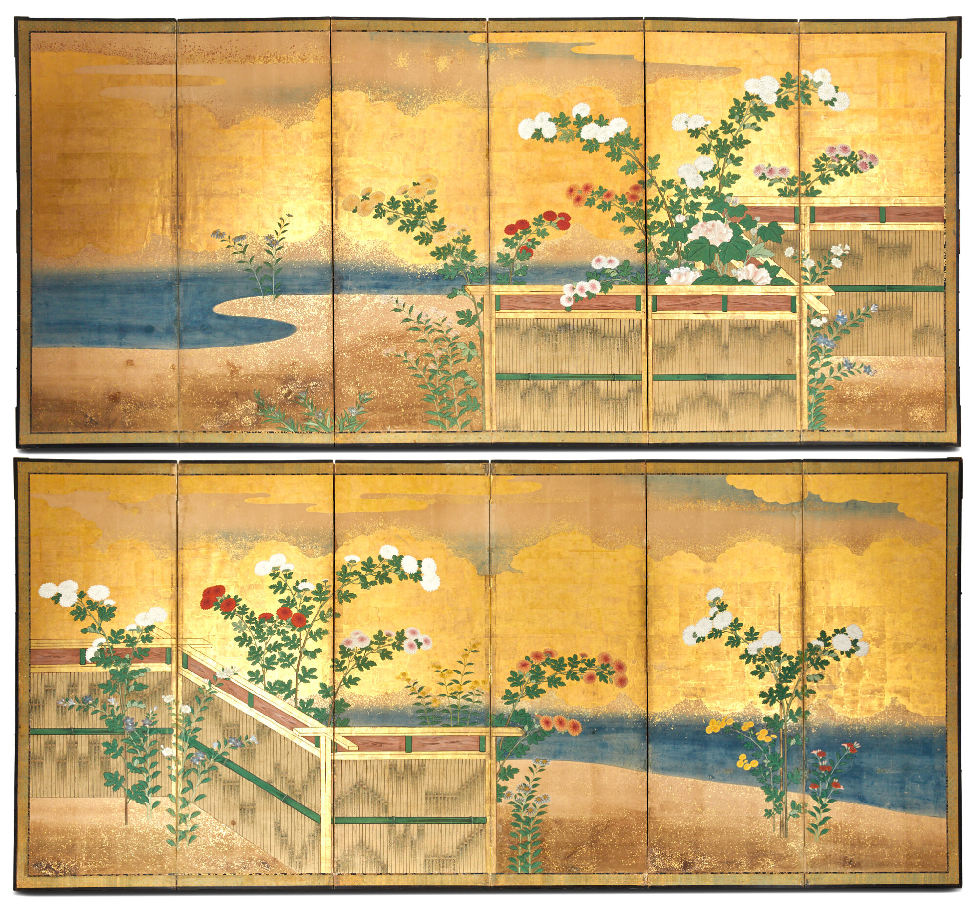 Pair of Japanese Six Panel Screens: Chrysanthemum Garden - Naga Antiques