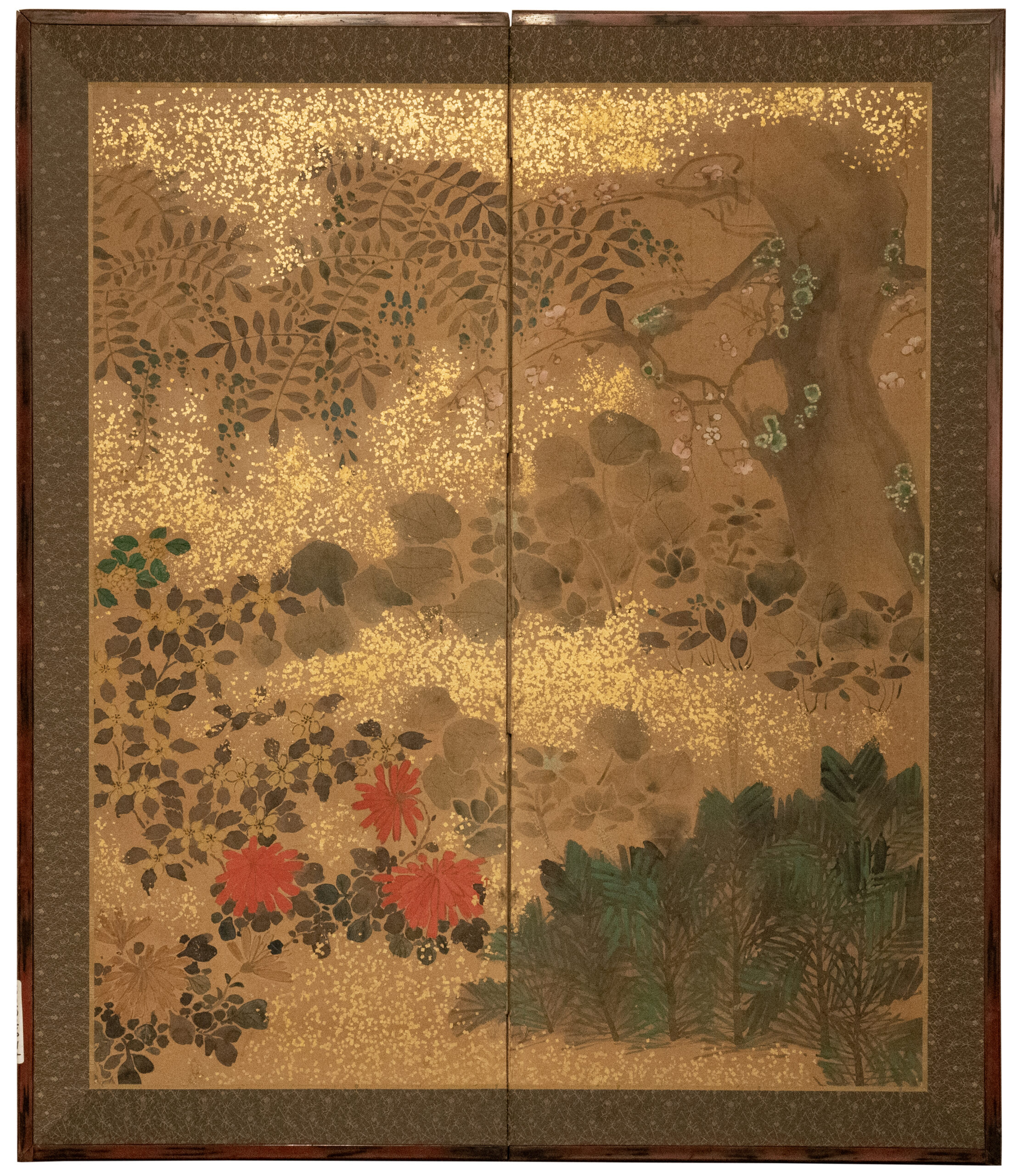 Japanese Two Panel Screen: Rimpa Flowers - Naga Antiques