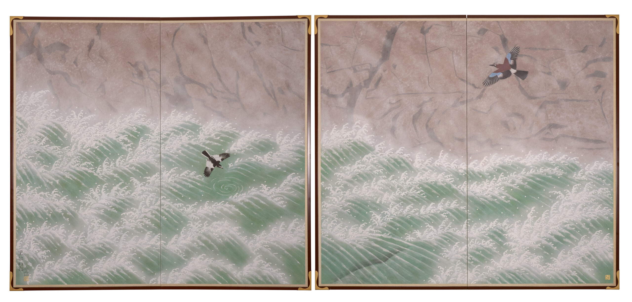Pair of Japanese Two Panel Screens: Rocky Coast - Naga Antiques